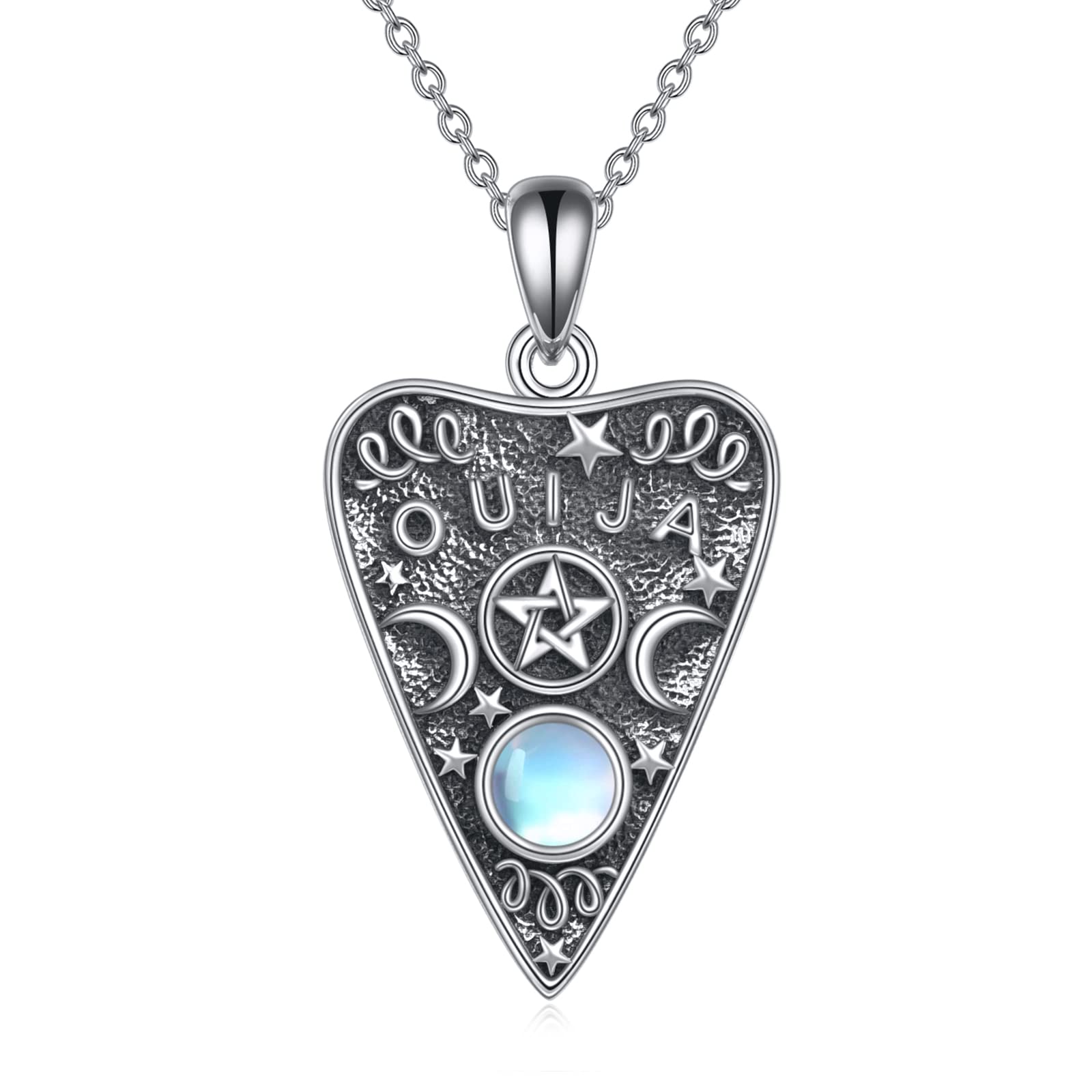 YFN Ouija Necklace Sterling Silver Ouija Board Planchette Pendant Triple Moon Goddess Pentagram Jewelry Witch Gothic Wiccan Spooky Gifts for Women