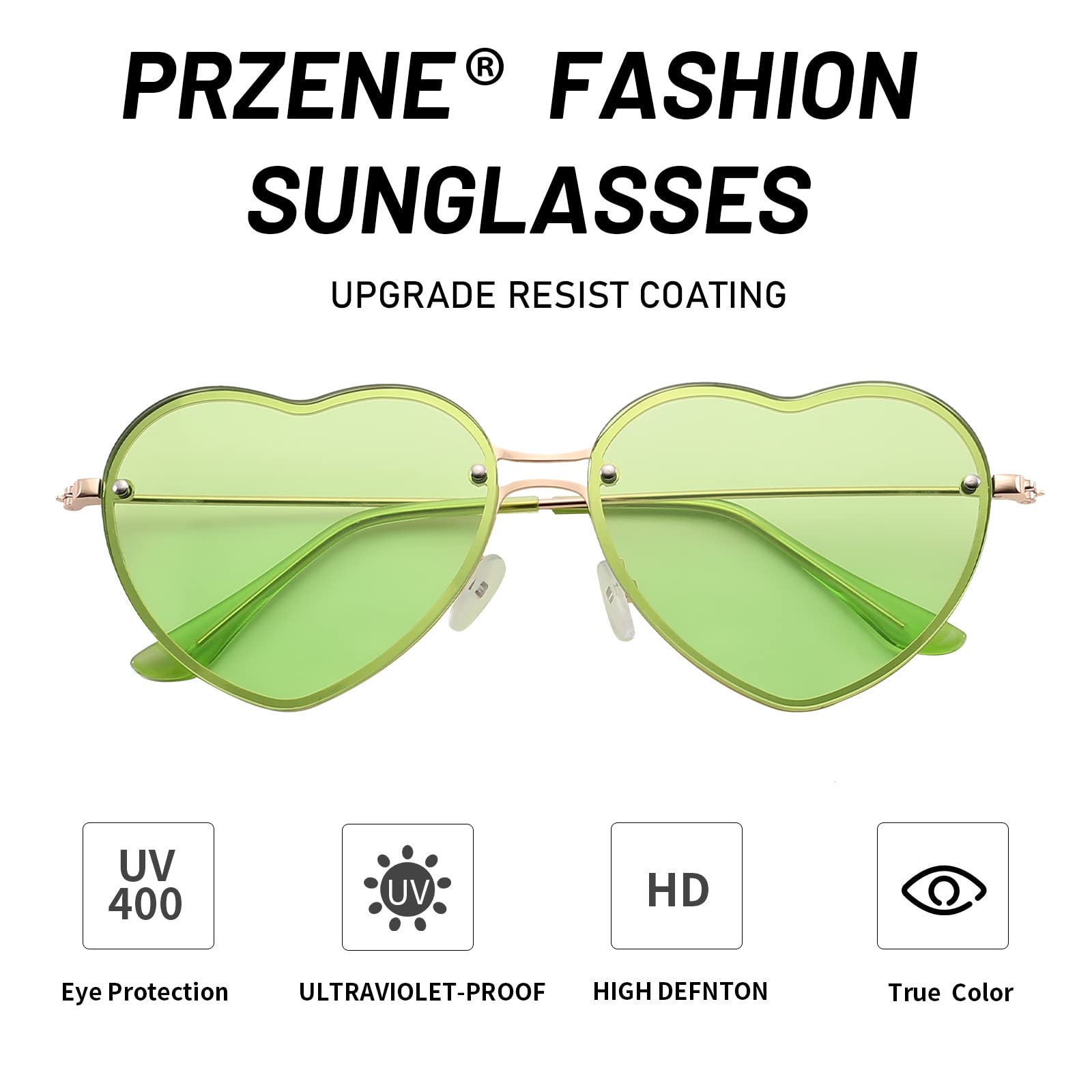 Przene Green Heart Sunglasses For Women Metal Frame Fashion Lovely Sunglasses 100% UV Protection. (Standard, Green)