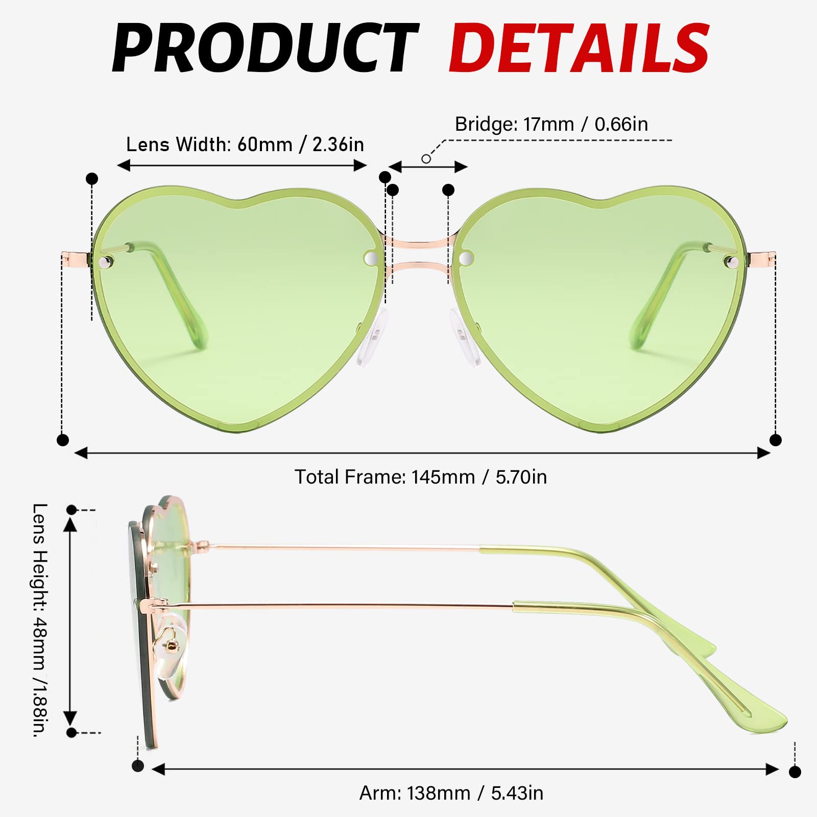 Przene Green Heart Sunglasses For Women Metal Frame Fashion Lovely Sunglasses 100% UV Protection. (Standard, Green)