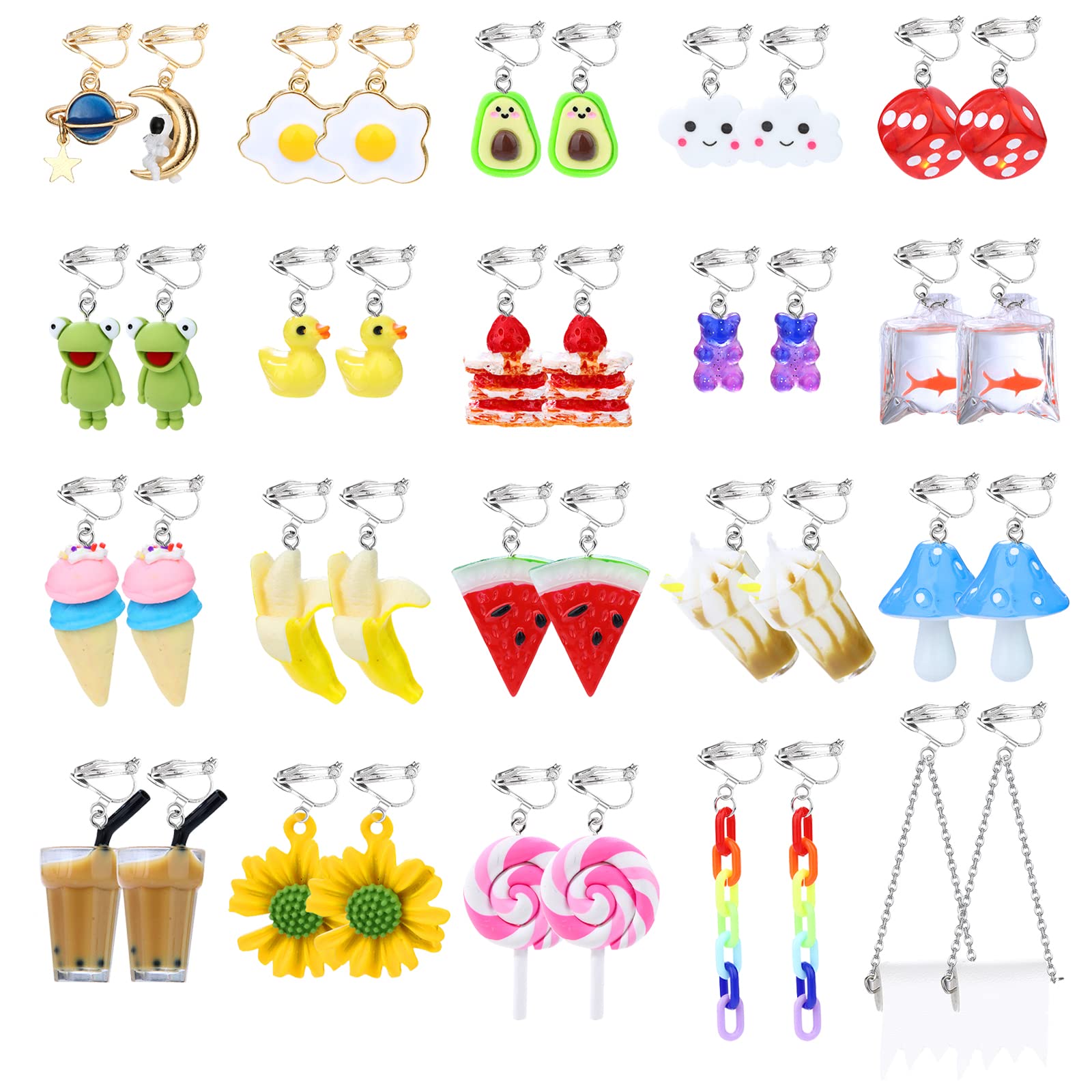 JOERICA 20Pairs Weird Clip On Earrings Funny Drop Dangle Earrings for Women Frog Flower Mushroom Butterfly Strawberry Goldfish Earrings, Stainless Steel, Cubic Zirconia