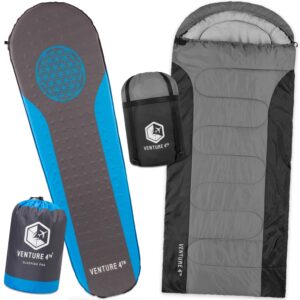 venture 4th backpacking warm sleeping bag with self inflating sleeping pad for adults & kids – ideal for hiking, camping & outdoor adventures