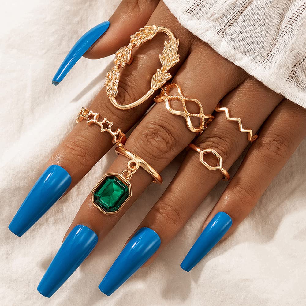 Octwine Rhinstone Boho Knuckle Rings Set Gold Star Stacking Midi Finger Rings Set Bohomian Crystal Green Rhinestones Statement Joint Carved Knuckle Ring Set for Women 6 Pcs