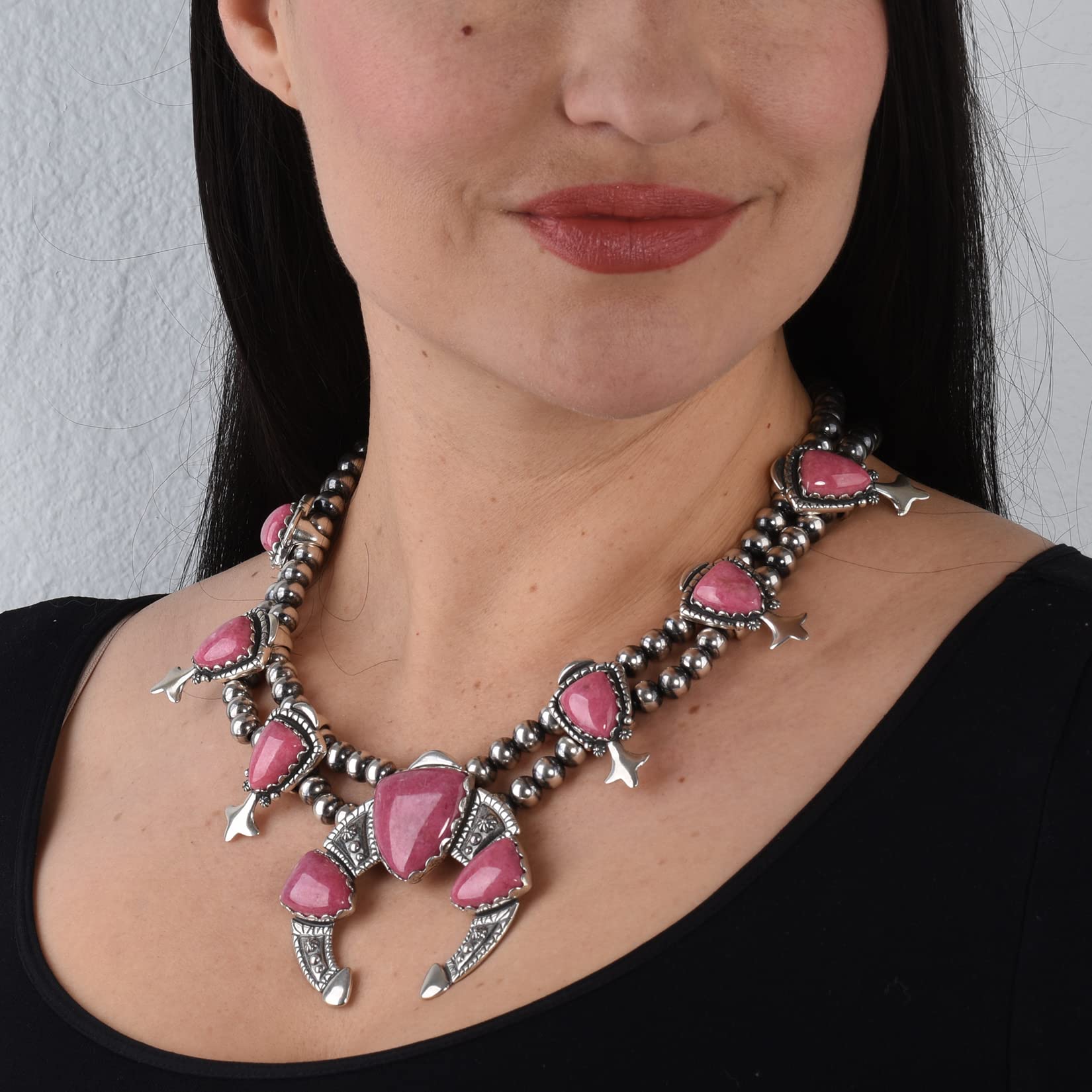 American West Jewelry Sterling Women's Necklace Pink Rhodonite Gemstone Squash Blossom Statement 18 to 21 inches