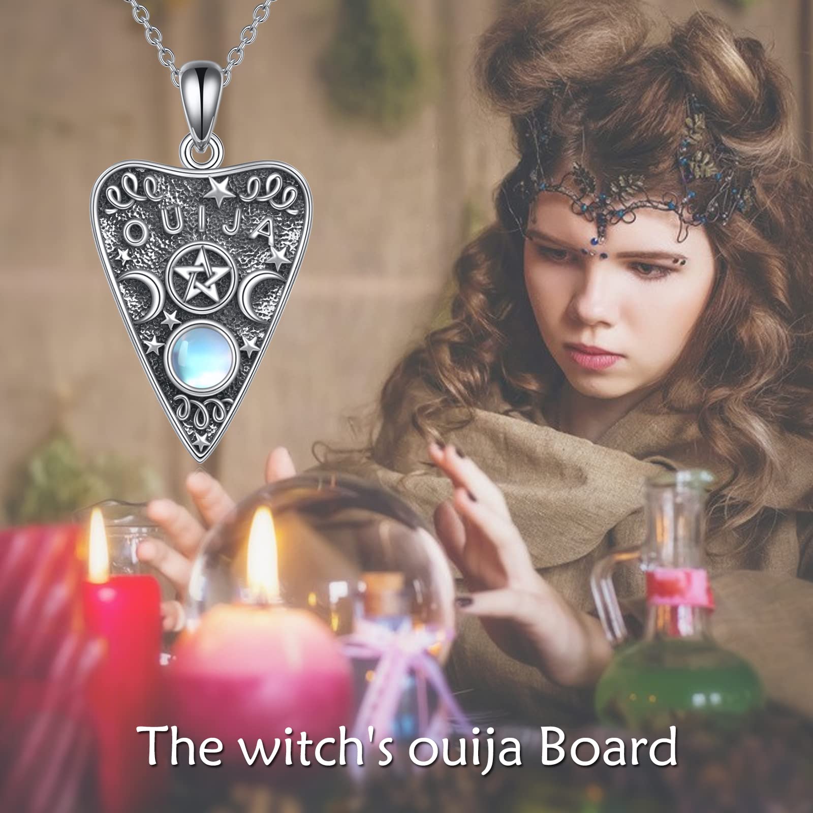 YFN Ouija Necklace Sterling Silver Ouija Board Planchette Pendant Triple Moon Goddess Pentagram Jewelry Witch Gothic Wiccan Spooky Gifts for Women