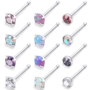 kridzisw 18g nose rings studs pierings jewelry straight silver opal nose studs 18 gauge stainless surgical steel diamond stud nose ring pin bone nose bar earrings piercing jewelry women men 3mm