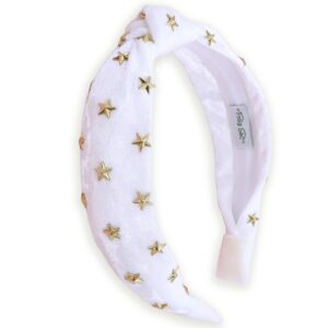 frog sac star studded white knotted headband, velvet hair accessory with gold stars for girls, no slip fashion head band