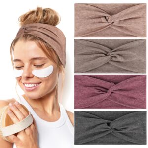 hauca wide headbands for women 4pcs, 4.5 inch soft cotton skincare head bands for women's hair non slip, hair bands for makeup face washing yoya workout running