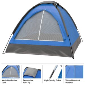 2-Person Tent with Sleeping Bag – Camping Gear Set Includes Outdoor Dome Tent with Rain Fly and 1 Adult Sleep Bag by Wakeman Outdoors (Blue)