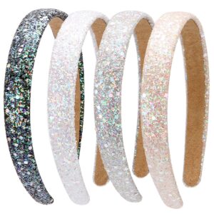 bomtty 4 pcs glitter headbands, sparkly headband plastic hair hoop glitter hairbands for girls and women (black+white+grey+beige)