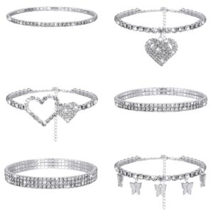 laumoi 6 pcs ankle bracelets for women christmas rhinestone stretch anklet heart ankle bracelets anklet jewelry crystal foot chain(silver, heart style)