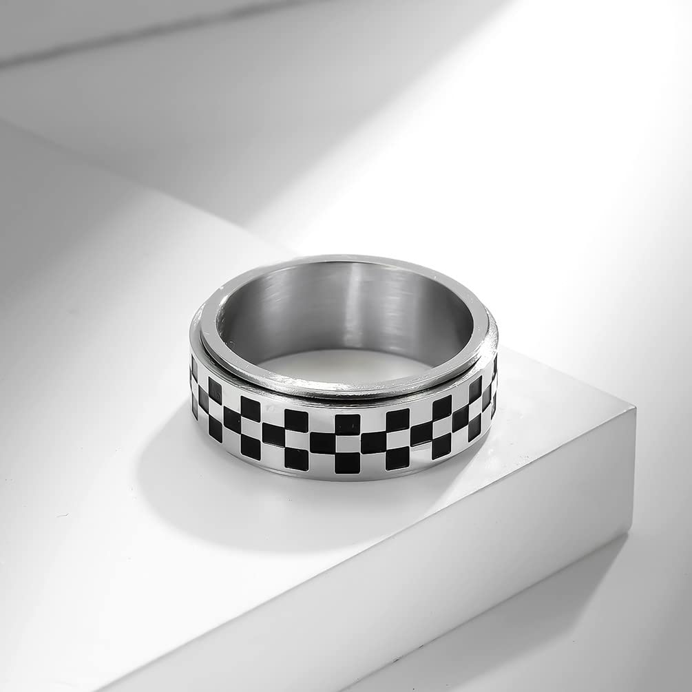 PAMTIER Rotatable Ring for Women Men Stainless Steel Racing Game Chessboard Anxiety Relief Silver Size 9