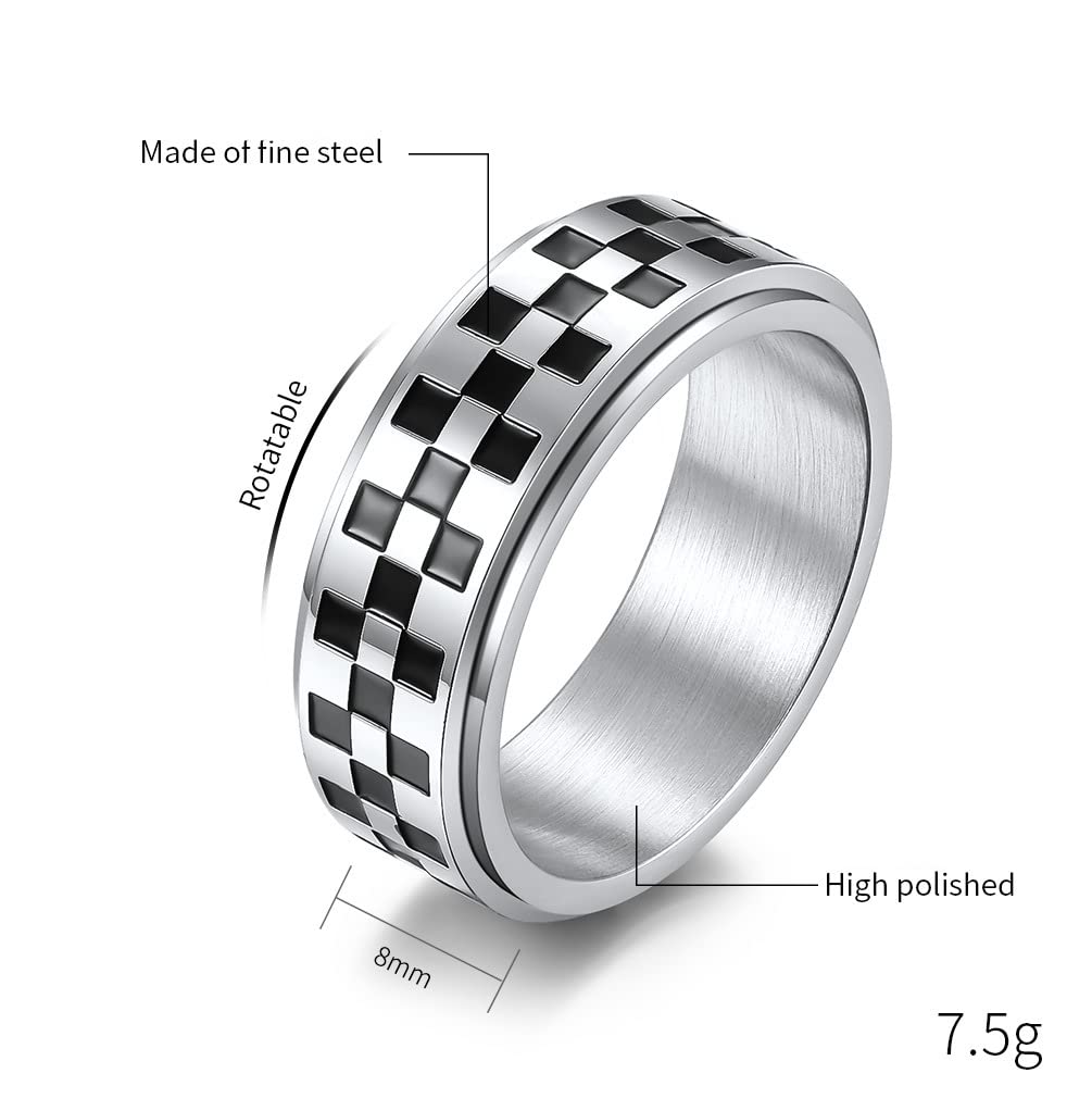 PAMTIER Rotatable Ring for Women Men Stainless Steel Racing Game Chessboard Anxiety Relief Silver Size 9