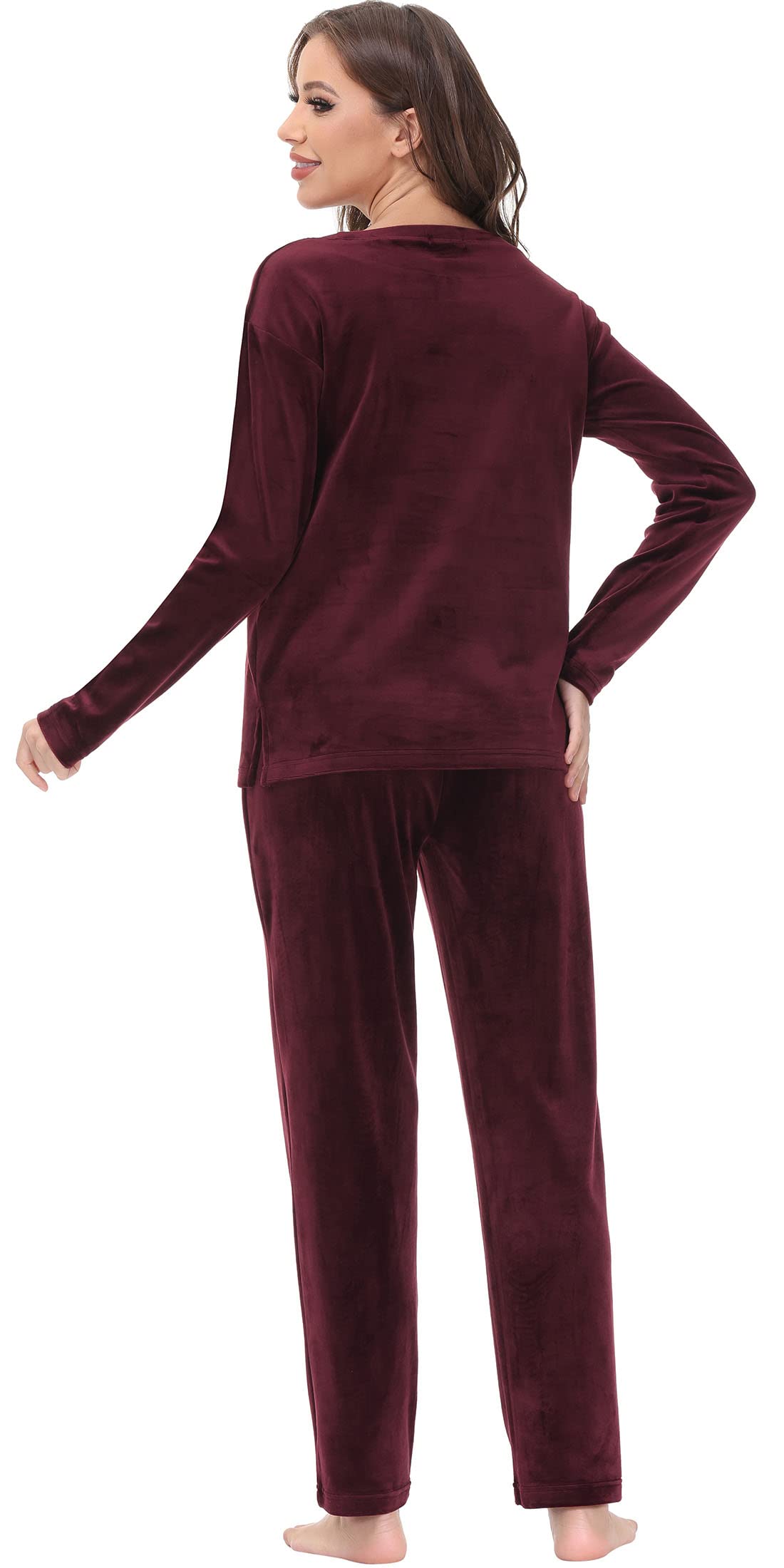 COZZIPLUS Women Velour Lounge Set 2 Piece Velvet Pajama Set Sweatsuit Crew Neck Sweatshirt and Elastic Waist Sweatpant(Burgundy,M)