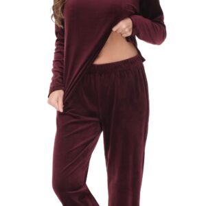 COZZIPLUS Women Velour Lounge Set 2 Piece Velvet Pajama Set Sweatsuit Crew Neck Sweatshirt and Elastic Waist Sweatpant(Burgundy,M)