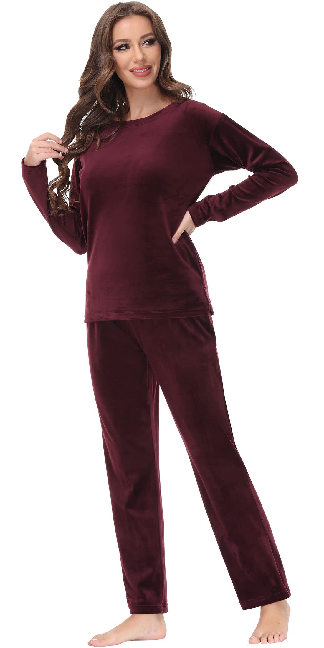 COZZIPLUS Women Velour Lounge Set 2 Piece Velvet Pajama Set Sweatsuit Crew Neck Sweatshirt and Elastic Waist Sweatpant(Burgundy,M)