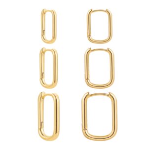 Sloong 3pairs Hoop Earrings Set 14K Gold Plated Lightweight Hypoallergenic Chunky Square Hoop Earrings Gold Rectangle Earring for Women Gift