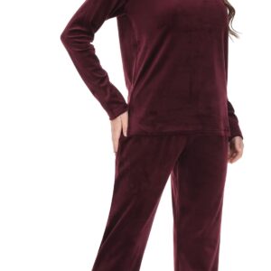 COZZIPLUS Women Velour Lounge Set 2 Piece Velvet Pajama Set Sweatsuit Crew Neck Sweatshirt and Elastic Waist Sweatpant(Burgundy,M)