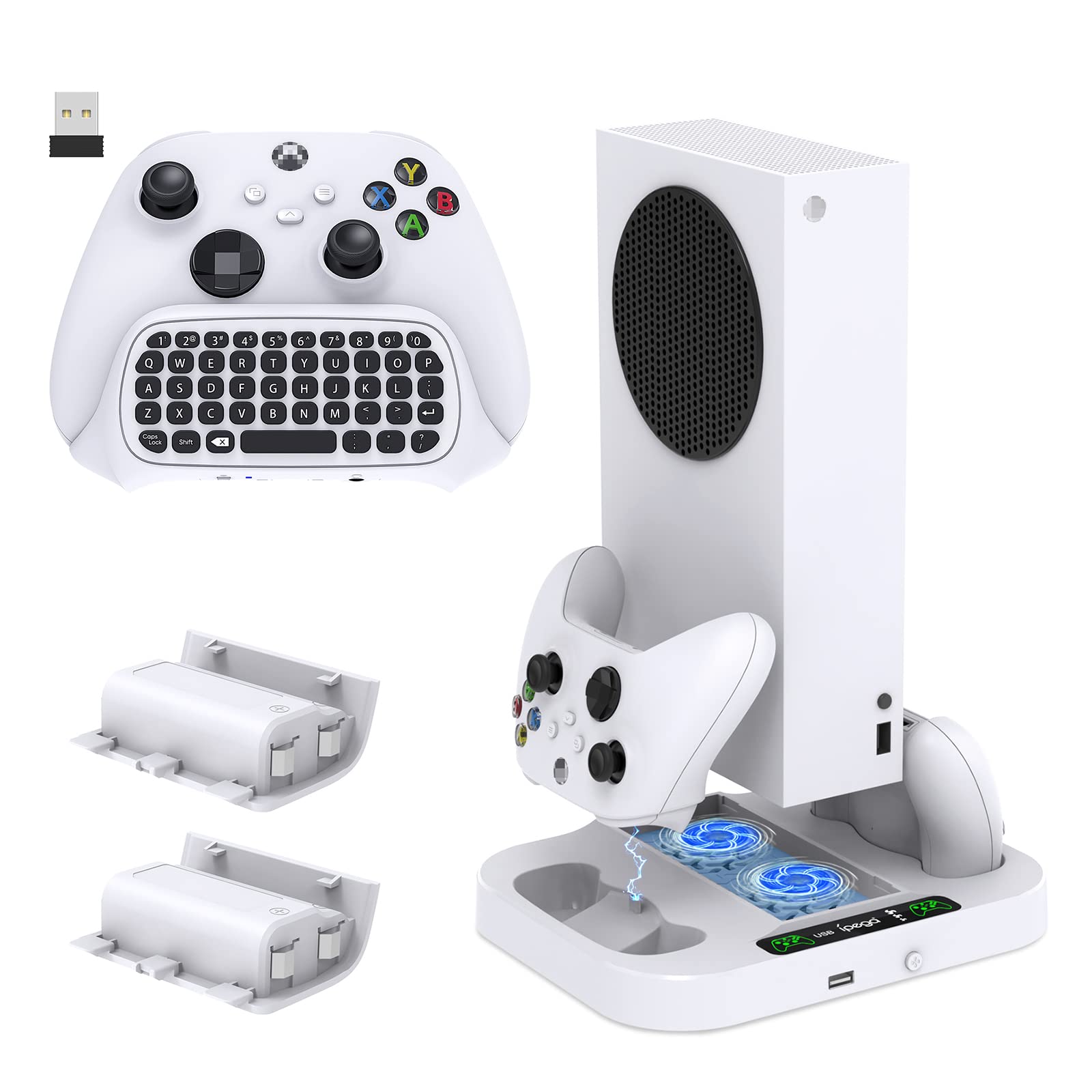 Controller Keyboard for Xbox Series X/Series S/One/S/Controller Gamepad and Upgraded Vertical Cooling Stand with Suction Cooling Fan and Dual Controller Charger Station for Xbox Series S