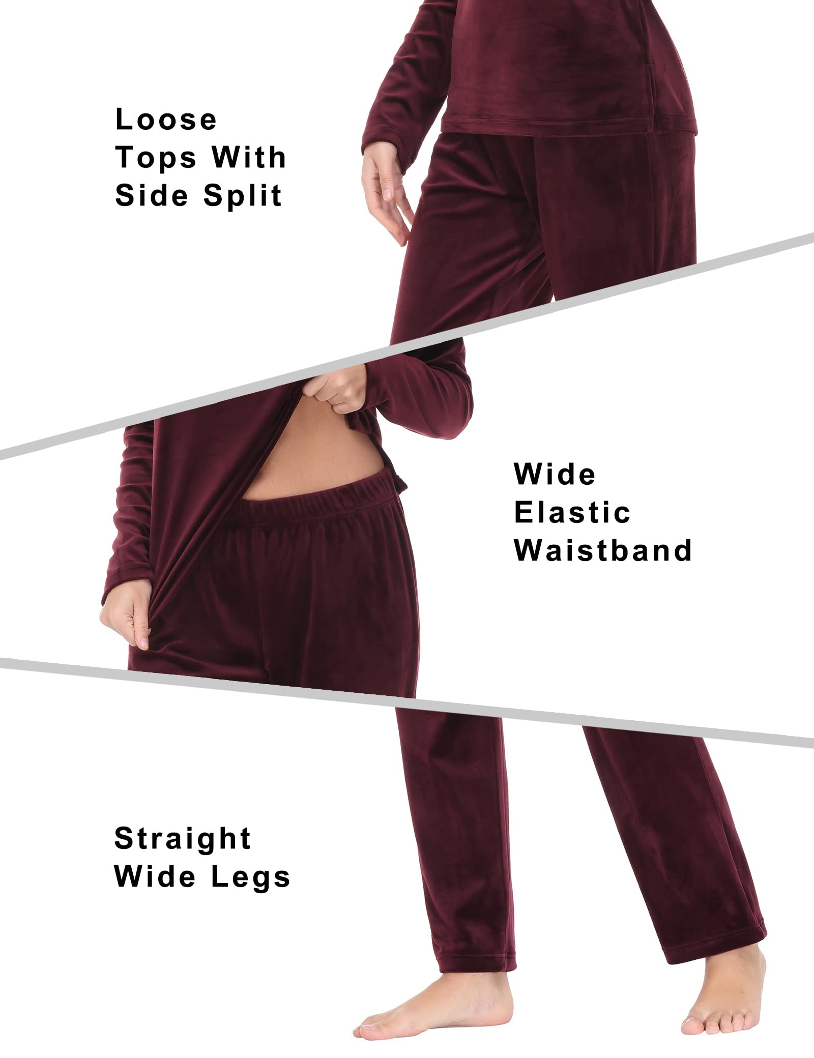 COZZIPLUS Women Velour Lounge Set 2 Piece Velvet Pajama Set Sweatsuit Crew Neck Sweatshirt and Elastic Waist Sweatpant(Burgundy,M)