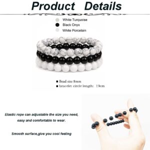 SONNYX 3Pcs 8mm Semi-Precious Gemstones Beaded Bracelets for Women Men Healing Crystal Stone Bracelet Stretch Round Beaded Elastic Bracelets Unisex Jewelry Gifts(White)