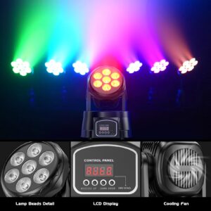 U`King Moving Head Light RGBW Stage Lighting DJ Lights 7 x 10W LED Beam Spotlight 9/14 CH Wash Light with DMX and Sound Activated for Church Wedding Bar Christmas and Halloween (Set of 2)