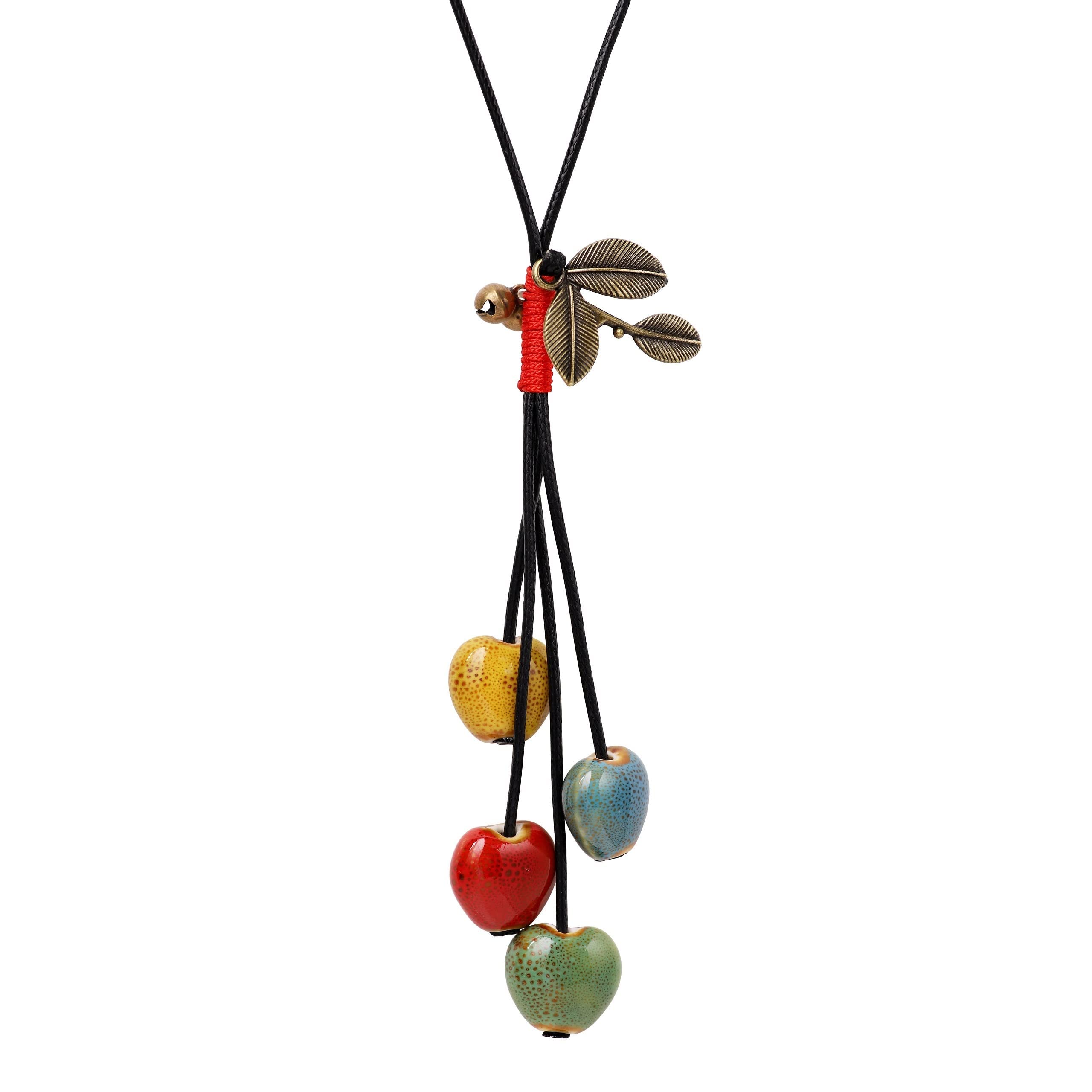 MINACHI Bohemian Leaf and Colorful Heart Shape Beads Lariat Necklace, Long Jewelry for Women