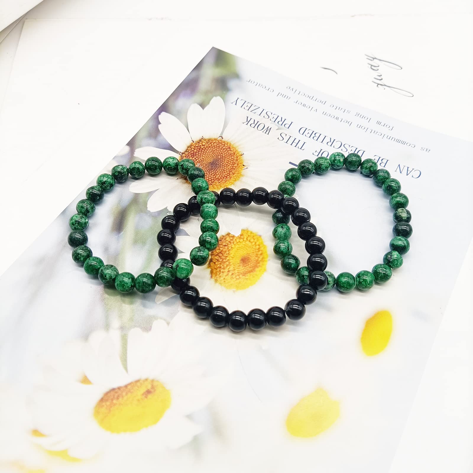 SONNYX 3Pcs 8mm Semi-Precious Gemstones Beaded Bracelets for Women Men Healing Crystal Stone Bracelet Stretch Round Beaded Elastic Bracelets Unisex Jewelry Gifts(GREEN)