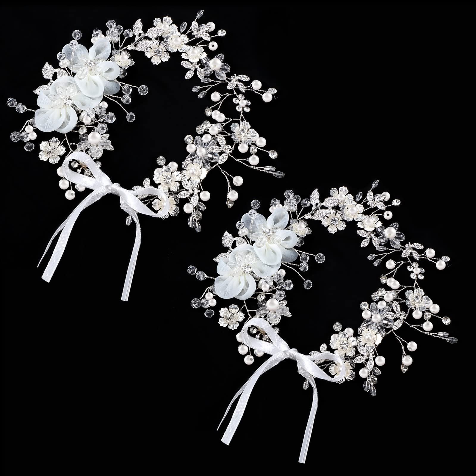 Kigeli Silver Flower Hair Band for Girls, 2 Pcs Wedding Headpiece with Tulle Flowers, Pearl, Crystal, Headband for Baby Kids Birthday Photography Hair Accessories