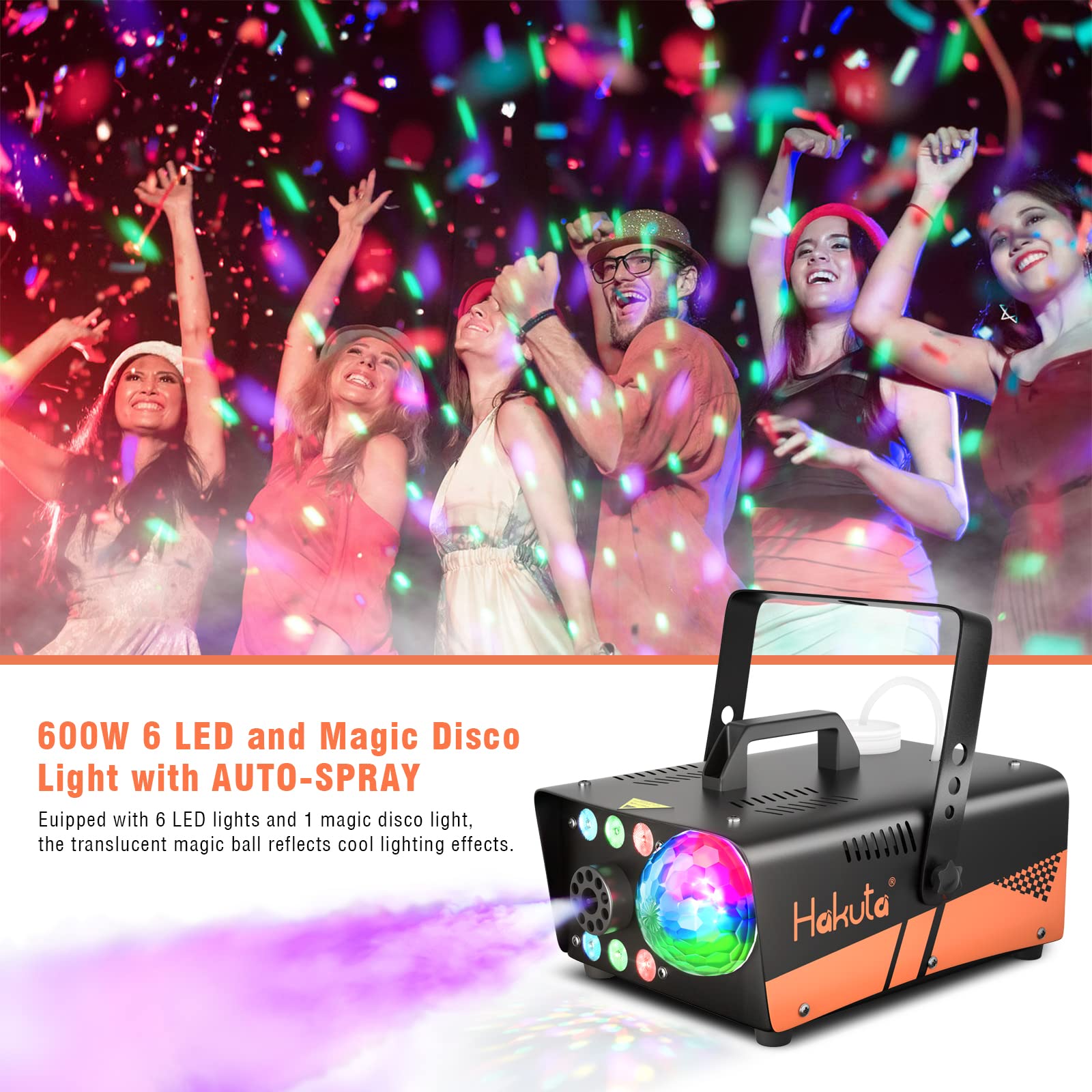 HAKUTA Fog Machine, 600W Smoke Machine with Disco Ball Light and LED RGB Lights, 2300 CFM Spray with Auto Spray Function, Great for Halloween, Christmas, Wedding, Stage Performance and Parties