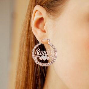 MOTIEL Custom Name Earrings Personalized Natural Diamonds Elegant Large Bamboo Hoop Earrings 925 Sliver Customized Earrings for Women Grils Fashion Jewelry Gifts-30mm