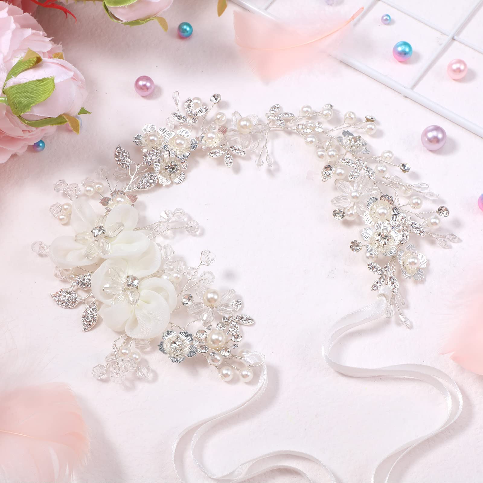 Kigeli Silver Flower Hair Band for Girls, 2 Pcs Wedding Headpiece with Tulle Flowers, Pearl, Crystal, Headband for Baby Kids Birthday Photography Hair Accessories