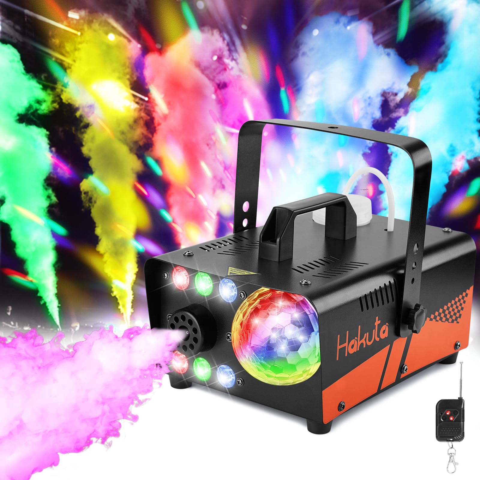 HAKUTA Fog Machine, 600W Smoke Machine with Disco Ball Light and LED RGB Lights, 2300 CFM Spray with Auto Spray Function, Great for Halloween, Christmas, Wedding, Stage Performance and Parties