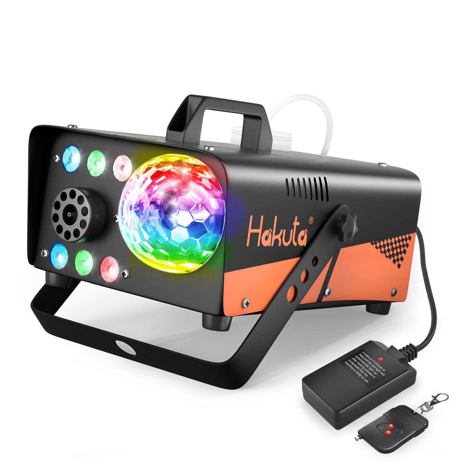 HAKUTA Fog Machine, 600W Smoke Machine with Disco Ball Light and LED RGB Lights, 2300 CFM Spray with Auto Spray Function, Great for Halloween, Christmas, Wedding, Stage Performance and Parties