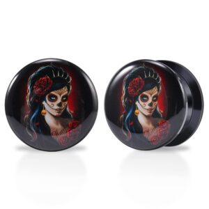 pobaisiter 1 pair acrylic solid screw fit ear gauges santa muerte holy death 6mm- 25mm colored drawing allergy free for women for men body piercing jewelry