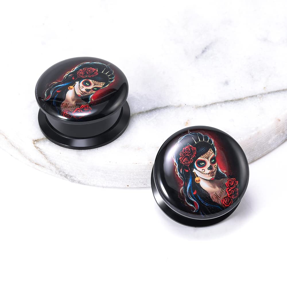 POBAISITER 1 Pair Acrylic Solid Screw Fit Ear Gauges Santa Muerte Holy Death 6mm- 25mm Colored Drawing Allergy Free For Women For Men Body Piercing Jewelry