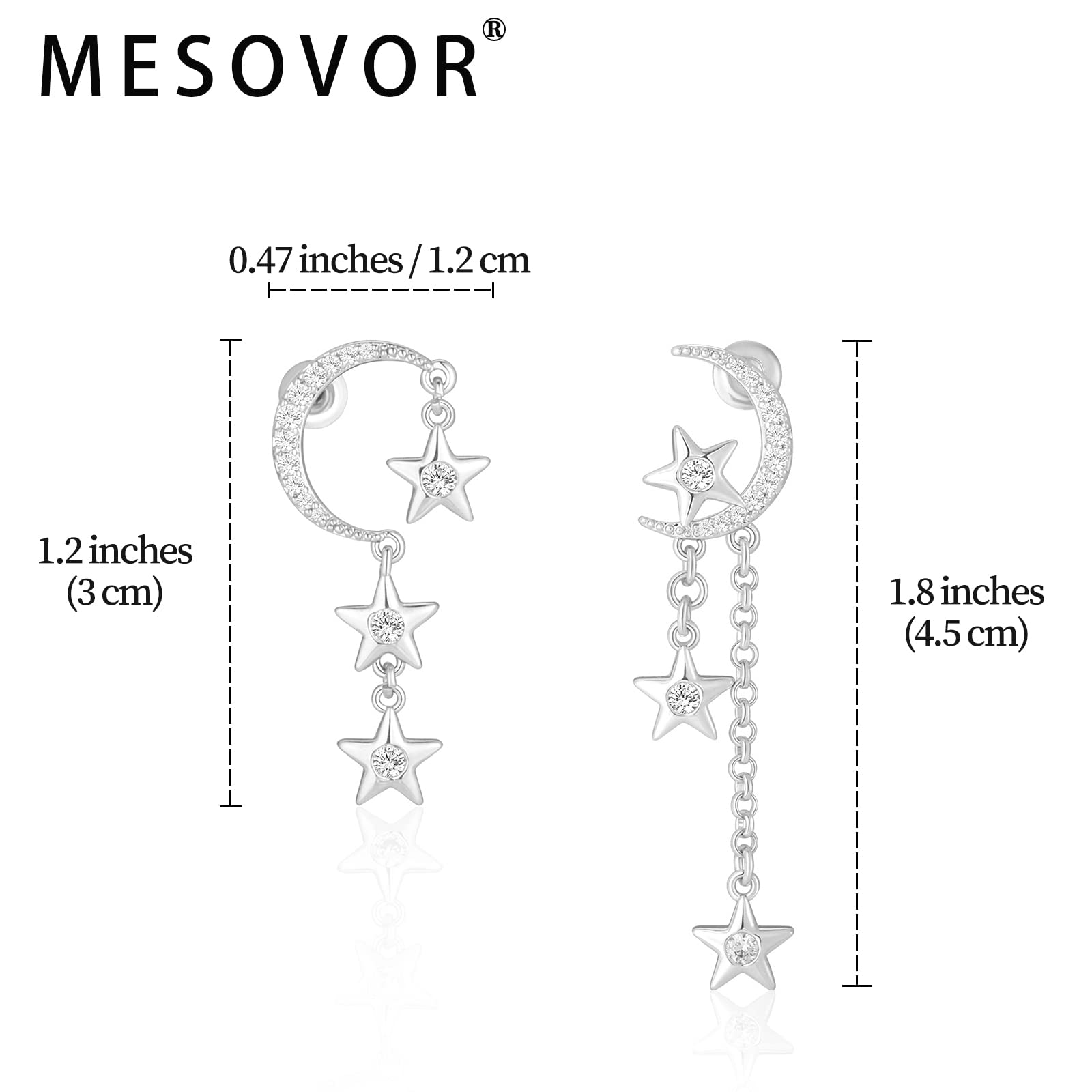 MESOVOR Moon Star Dangle Earrings, 16K Gold Plated Drop Tassel | Sparkling Zirconia Asymmetrical Earrings for Women (Silver)