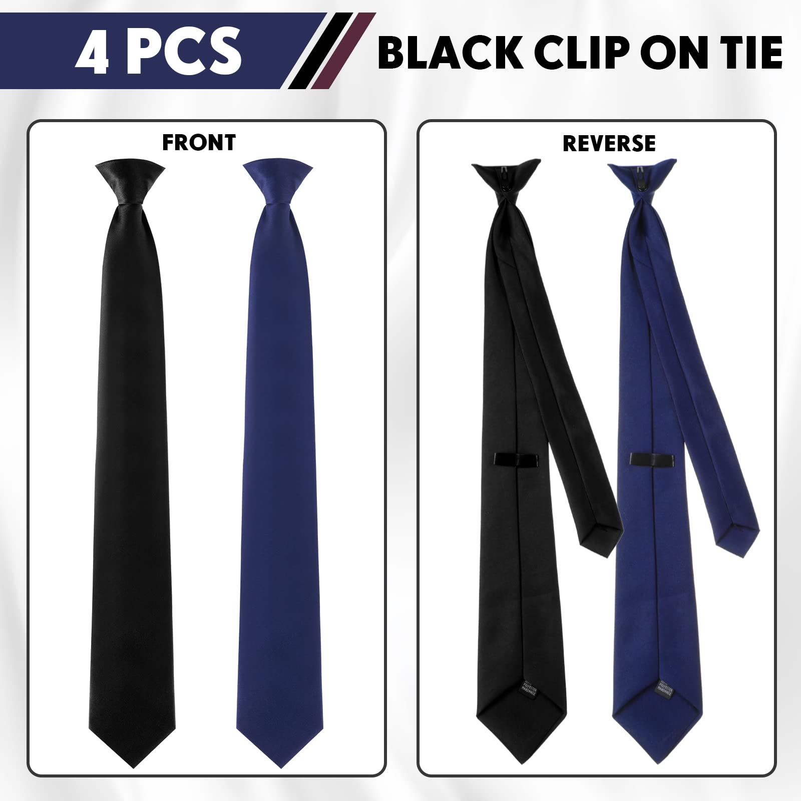 Bencailor 4 Pcs 24 Inch Men's Clip-on Ties Solid Color Men's Tie Pretied Clip on Ties for Men Men's Clip on Necktie Men's Button Ties(Black, Charcoal Grey, Navy Blue, Wine Red)