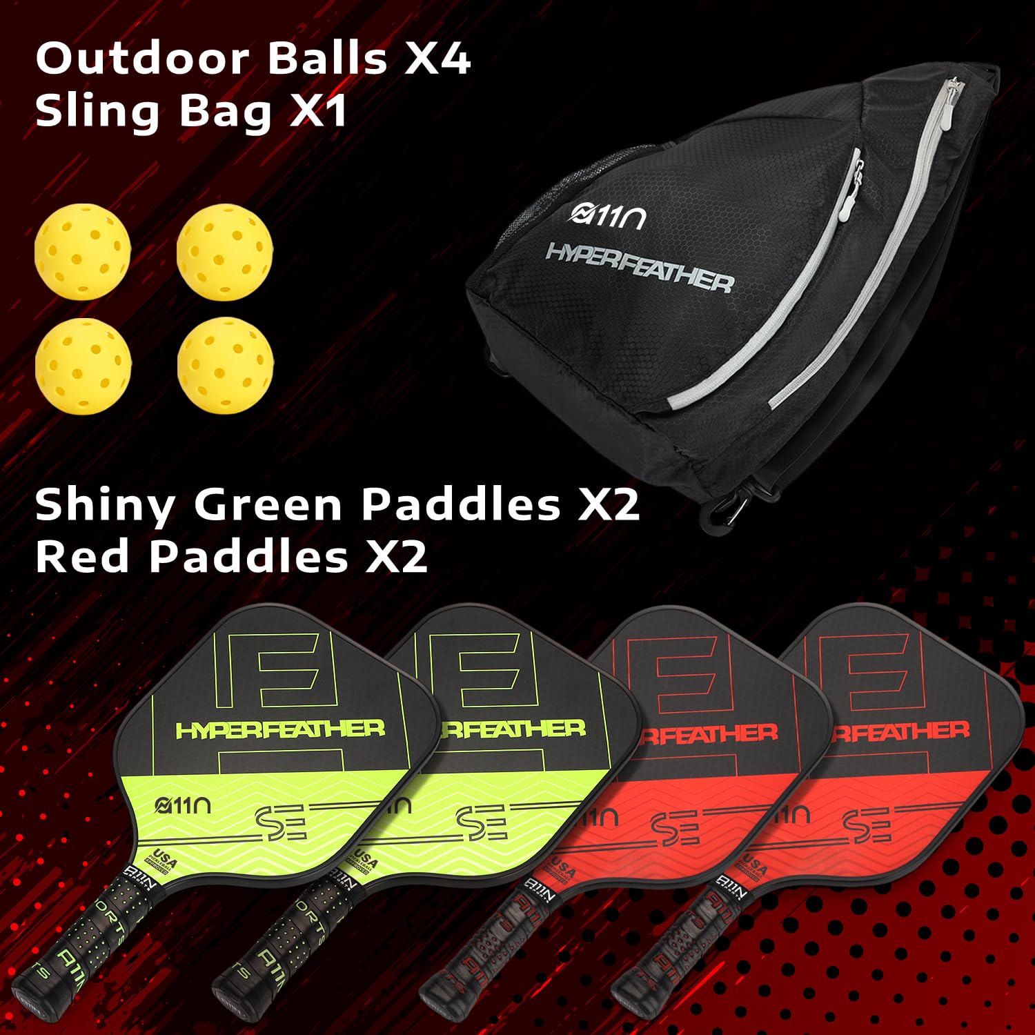 A11N Pickleball Paddles Set of 4 - USAPA Approved | 8OZ, Graphite Face & Polymer Core, Cushion Grip | 4 Balls, 1 Sling Bag, Red & Green