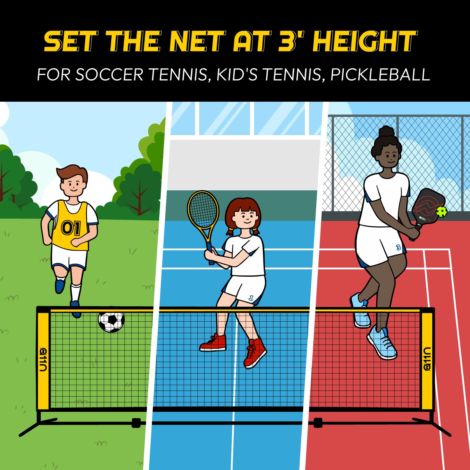 A11N 14ft Badminton Pickleball Net - Height Adjustable for Junior Tennis, Soccer Tennis & Kids Volleyball - Portable for Indoor & Outdoor Play