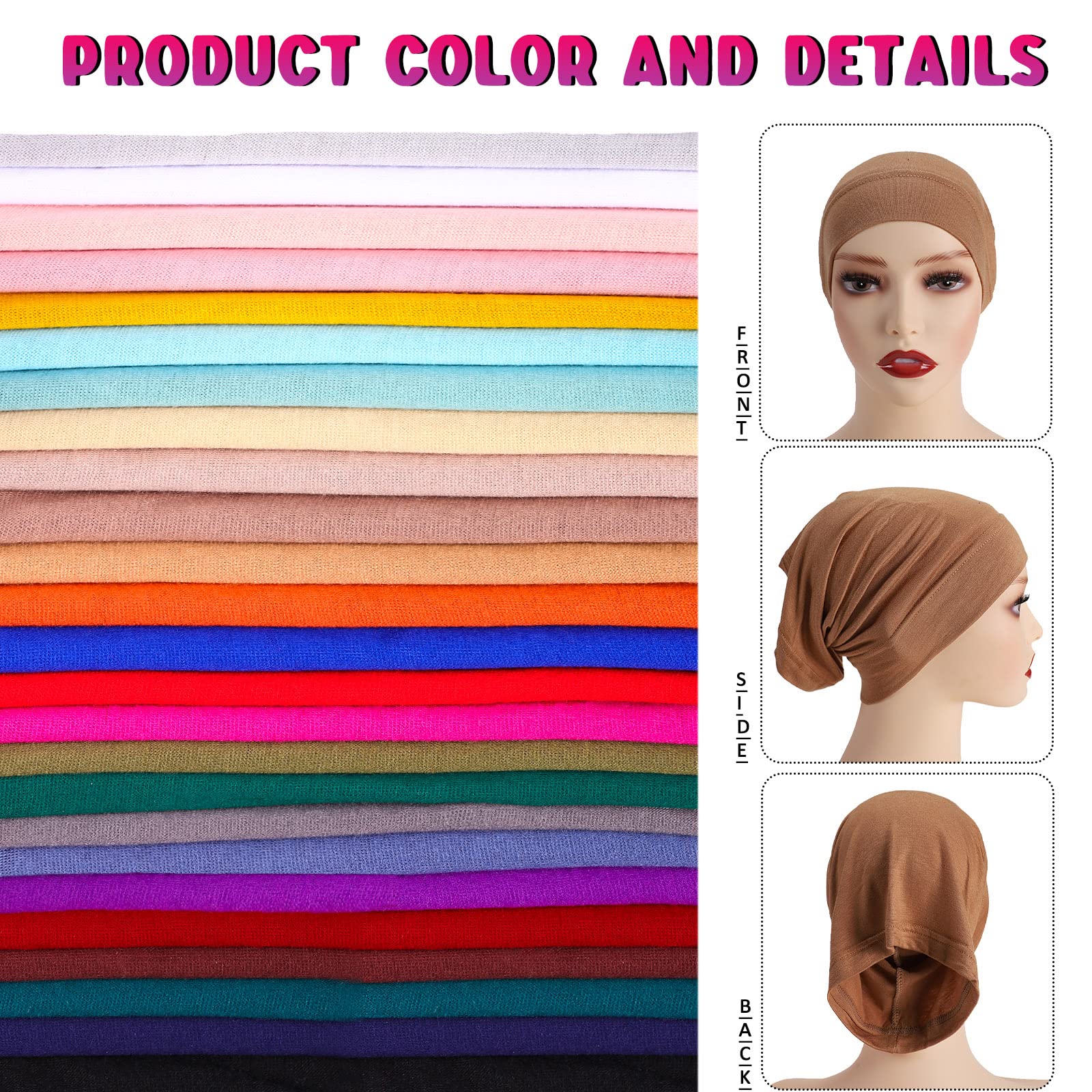 JenPen 25 Pcs Under Scarf Hijab Cap Unisex Dreadlock Cap Women Stretch Under Caps Solid Color Under Scarf Woman Hijab Hats, 25 Colors