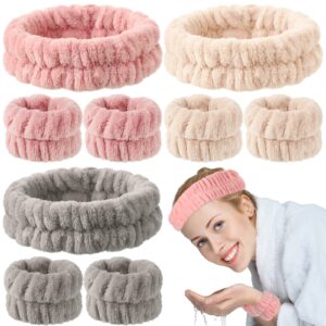 chuangdi 9 pcs reusable spa headband wrist washband face wash set include 3 microfiber headband 6 wrist washband for women girls avoid liquid from spilling down arms(hot pink, beige, coffee)