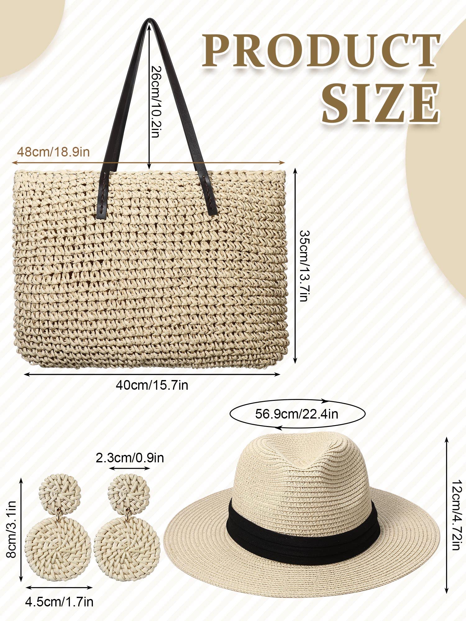 Straw Large Beach Bag for Women's Woven Beach Bag and Beach Hats Set Beach Earring Handmade Shoulder Bag Handbag Bohemia Set(Beige)