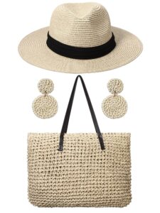 straw large beach bag for women's woven beach bag and beach hats set beach earring handmade shoulder bag handbag bohemia set(beige)