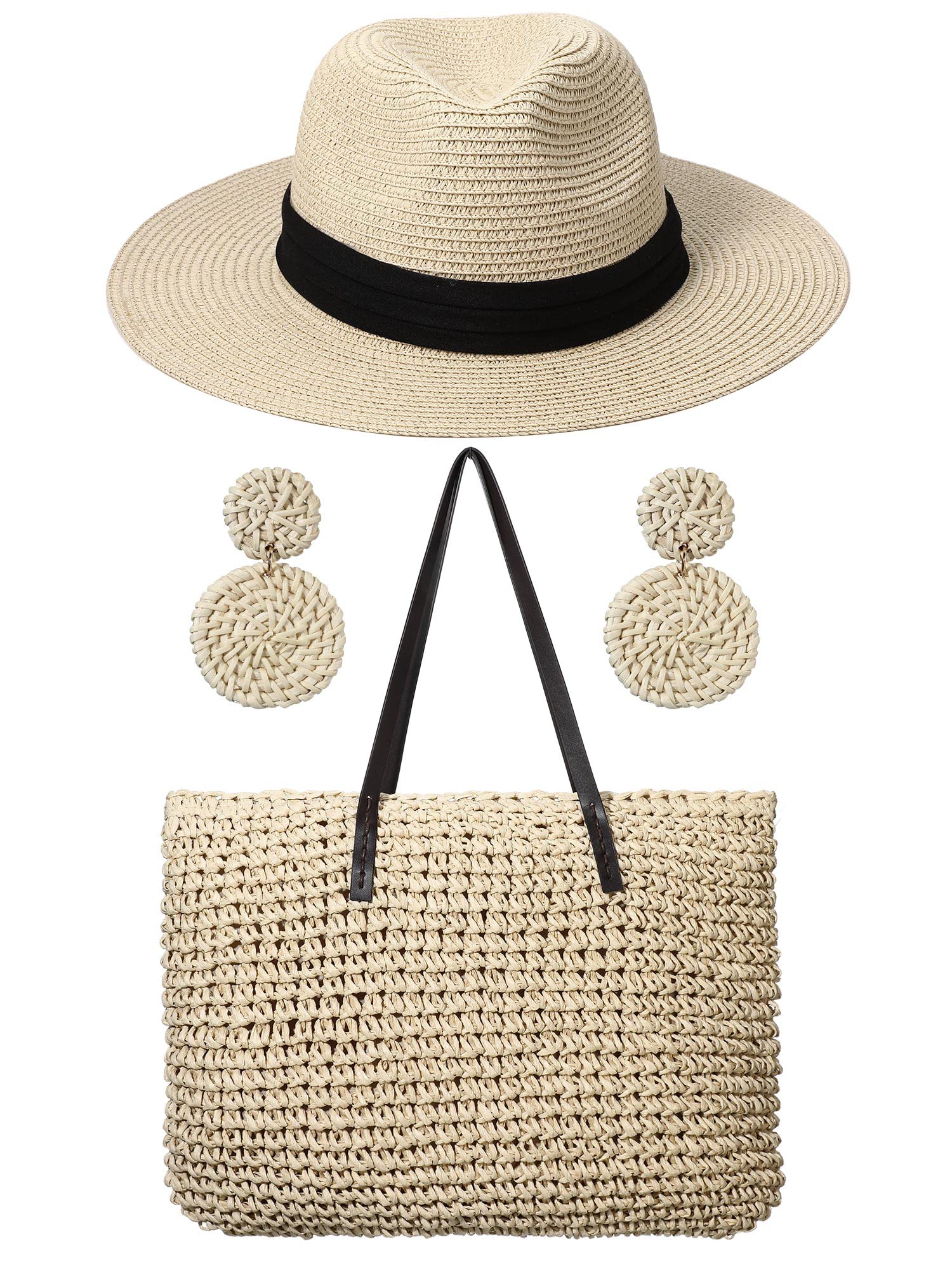 Straw Large Beach Bag for Women's Woven Beach Bag and Beach Hats Set Beach Earring Handmade Shoulder Bag Handbag Bohemia Set(Beige)