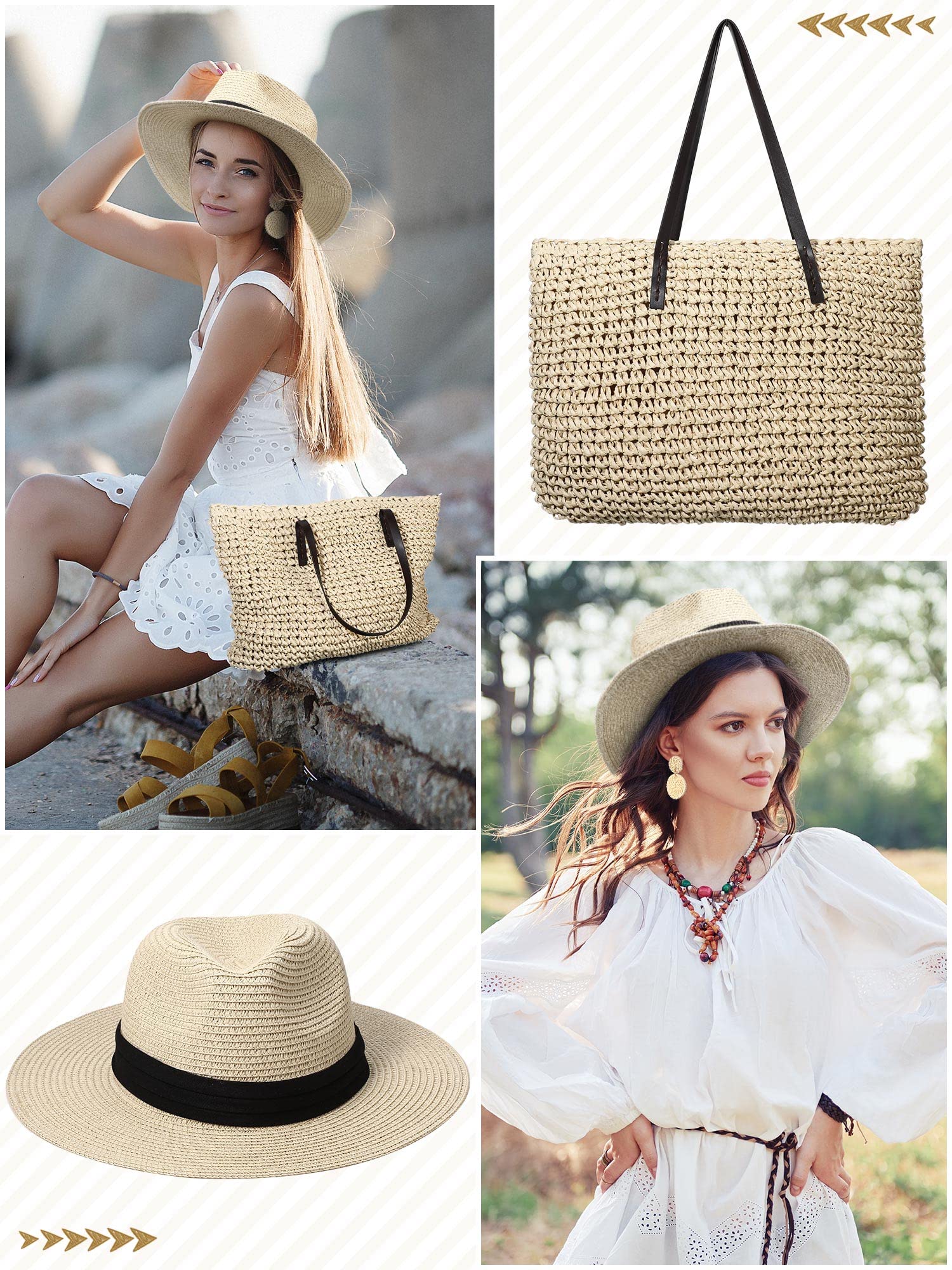 Straw Large Beach Bag for Women's Woven Beach Bag and Beach Hats Set Beach Earring Handmade Shoulder Bag Handbag Bohemia Set(Beige)