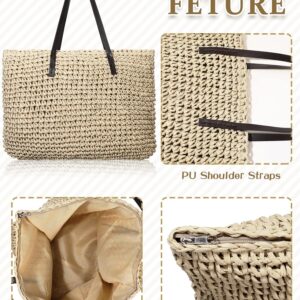 Straw Large Beach Bag for Women's Woven Beach Bag and Beach Hats Set Beach Earring Handmade Shoulder Bag Handbag Bohemia Set(Beige)