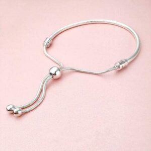 Adjustable European Charm Bracelets 3mm Steel Snake Chain Fits Pandora Beads Pendants & More (Silver Sliding Bracelet)