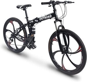 outroad 26 inch folding mountain bike, 21 speed full suspension high-carbon steel mtb foldable bicycle, dual disc brake non-slip folding bikes for adults/men/women, black