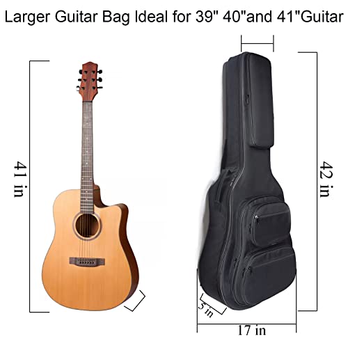 Okllen 41 Inch Acoustic Guitar Case Gig Bag, 0.3 Inch Thick Padding Waterproof Guitar Case with Adjustable Shoulder Strap and Back Hanger Loop, 6 Zipper and Front Pocket, Black