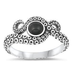 unique octopus simulated black onyx classic ring new .925 sterling silver band size 8